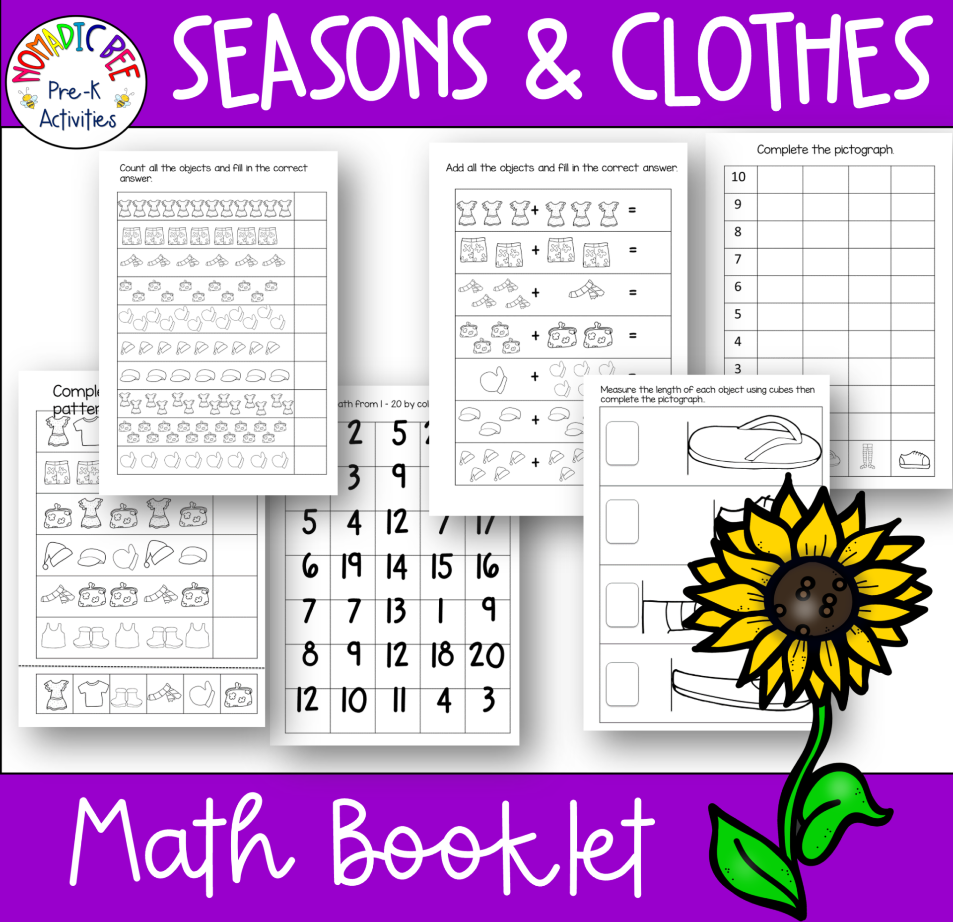 Seasons & Clothes Themed Math Activity Sheets - NBpreKactivities